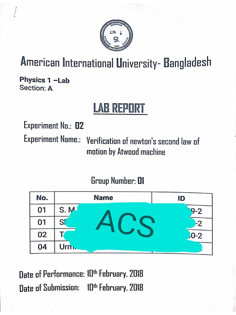 Physcis 1 - LAB 02 (Verification of Newtons Second Law Using Atwoods ...