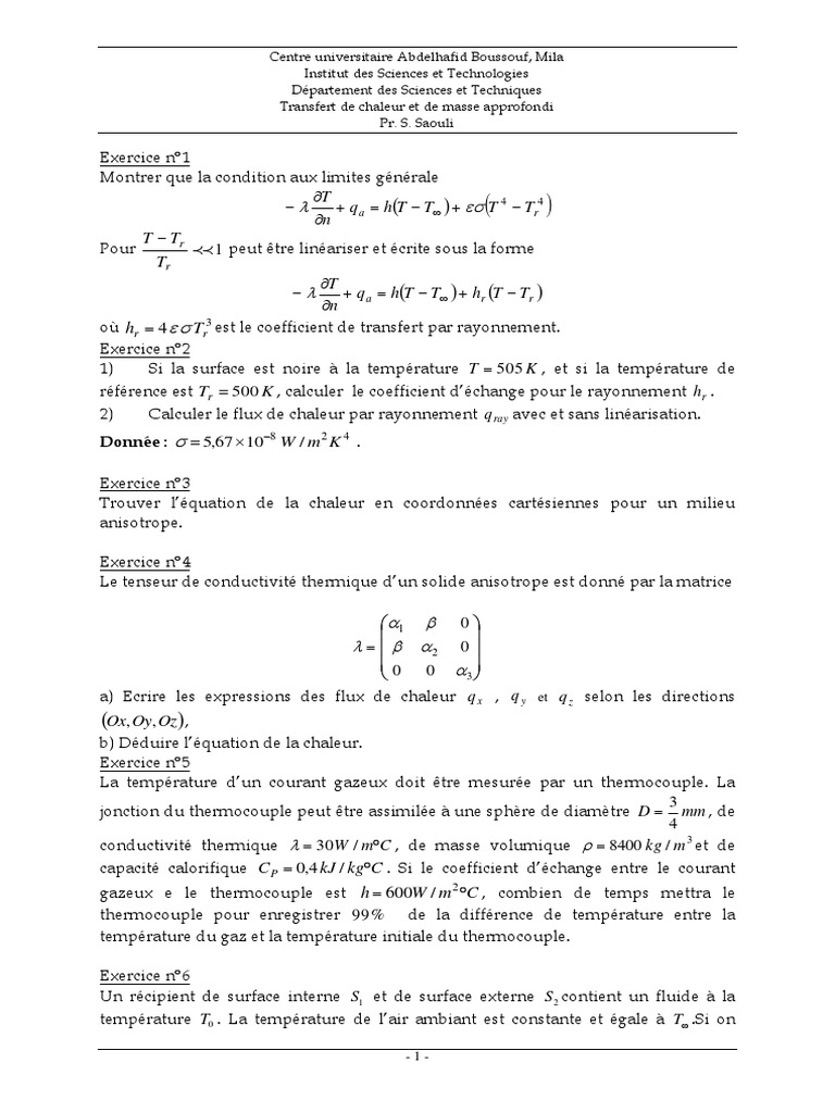 TD Transfert de Chaleur Et de Masse Approfondi | PDF | Transfert thermique | Métrologie