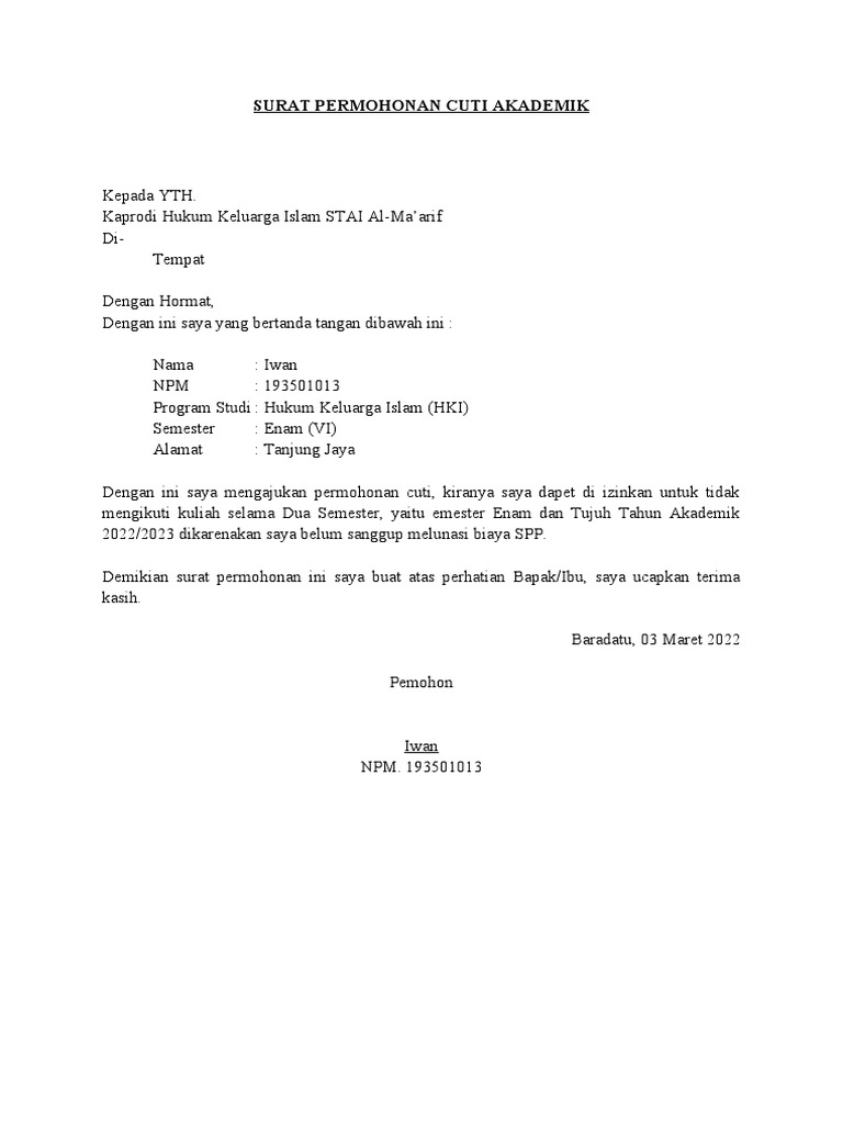 Surat Permohonan Cuti Akademik | PDF
