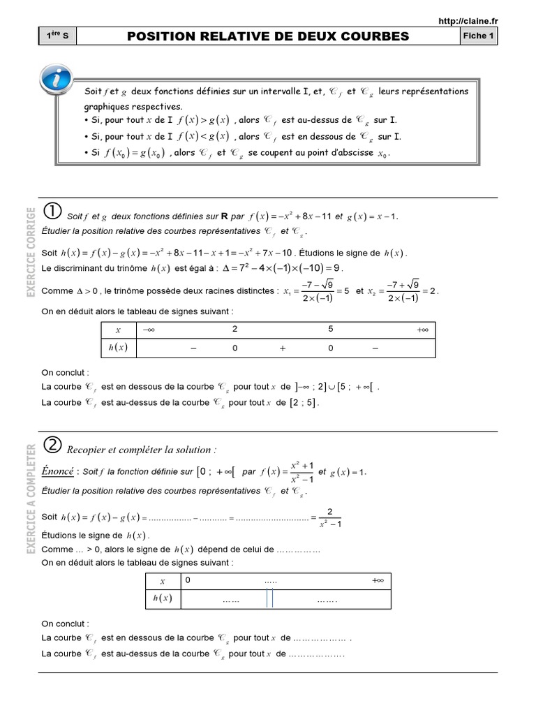 Position Relative de Deux Courbes - 1s - TP | PDF