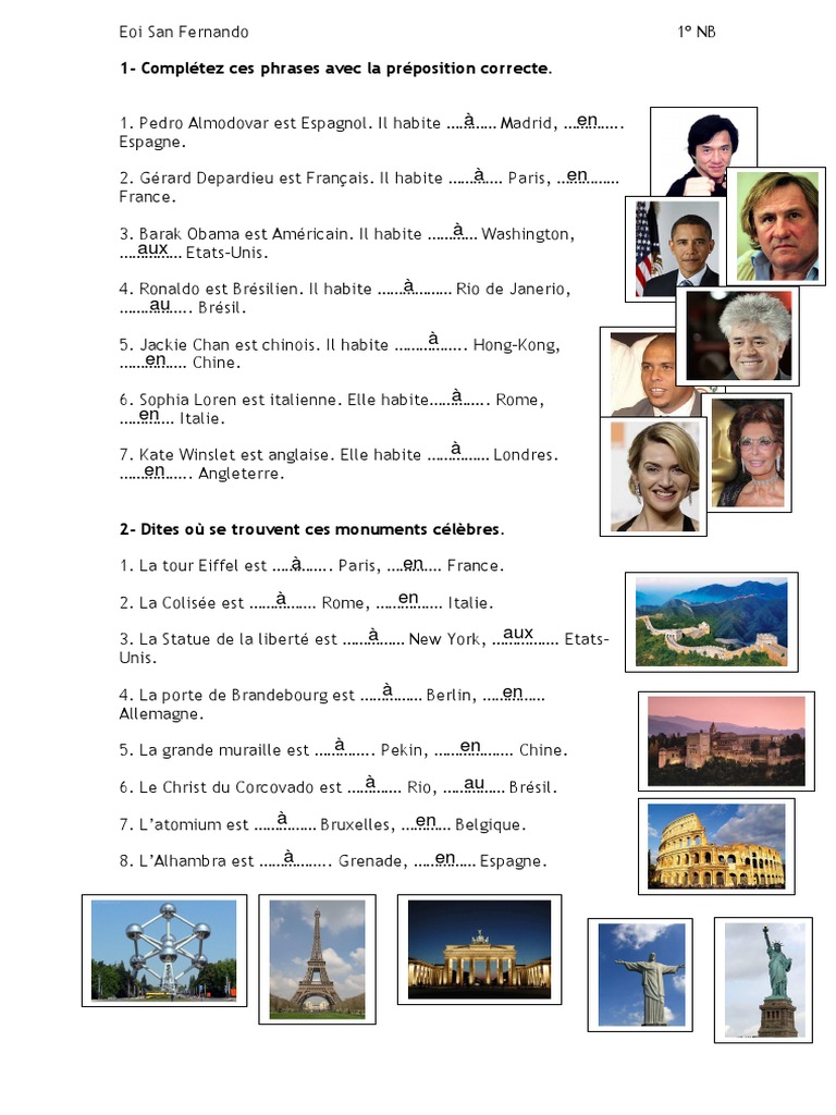 LES PRÉPOSITIONS PAYS ET VILLES (Exercices) | PDF