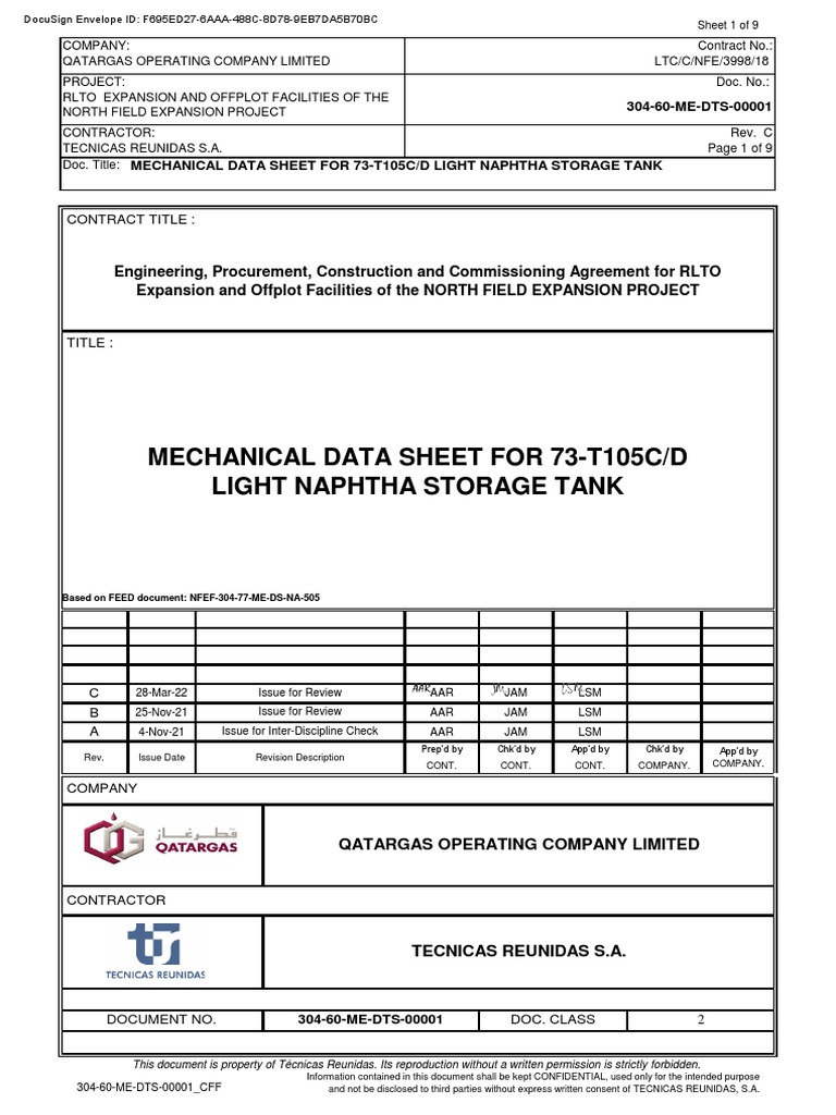 Mechanical Data Sheet For 73-T105C/D Light Naphtha Storage Tank | PDF ...