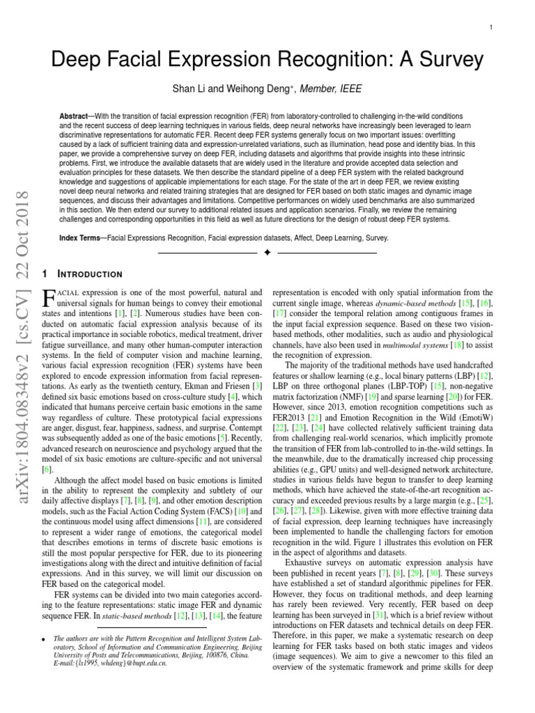 Deep Facial Expression Recognition: A Survey: Shan Li and Weihong Deng, Member, IEEE | PDF ...