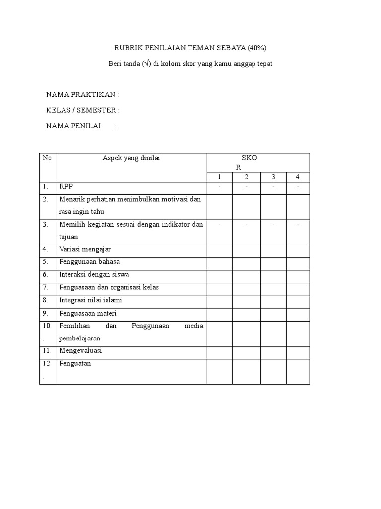 Form Penilaian Teman Sebaya | PDF