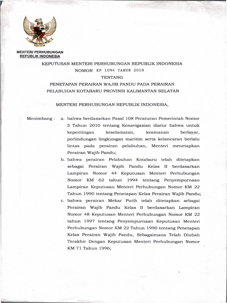 KP 2018 No. 1094 Penetapan Perairan Wajib Pandu Perairan Kota Baru | PDF
