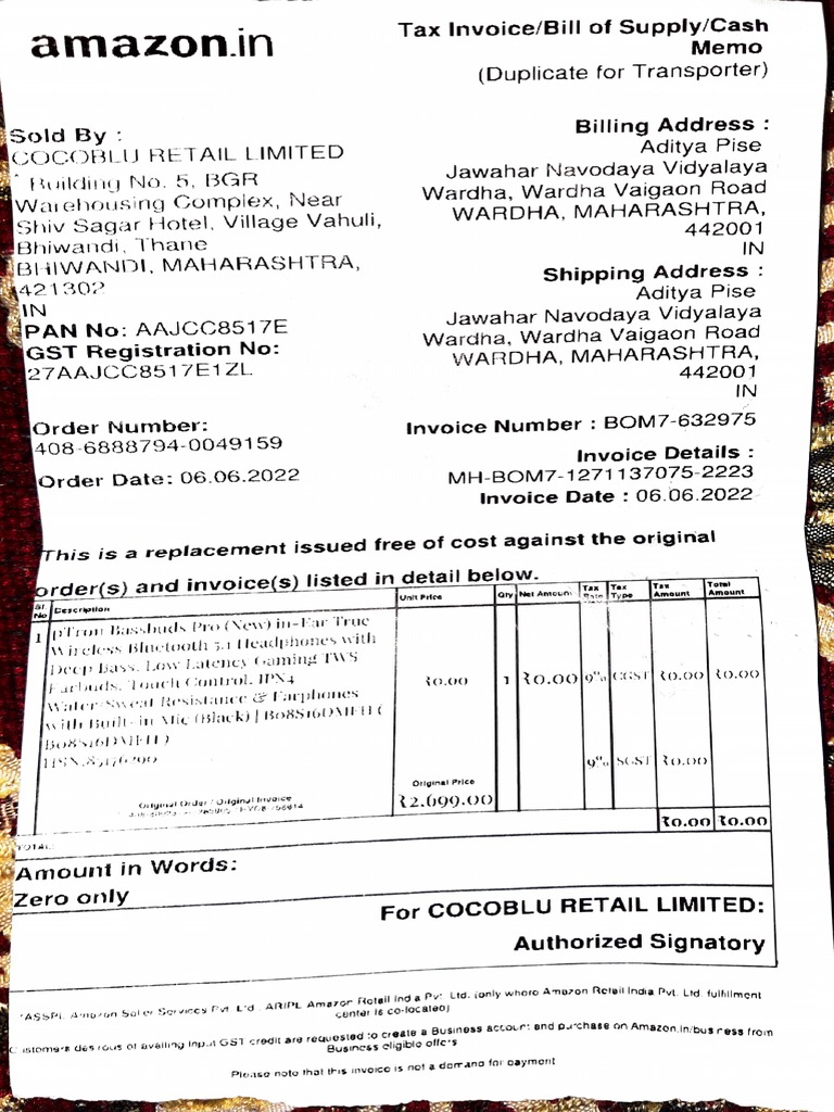 Tax Invoice/Bill of Supply for Replacement Earbuds Shipped to Jawahar ...