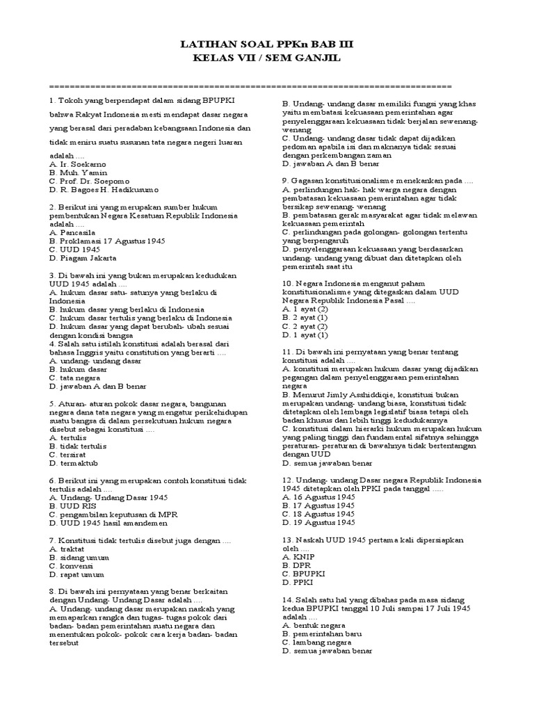LATIHAN SOAL PPKN BAB III KLS 7 | PDF