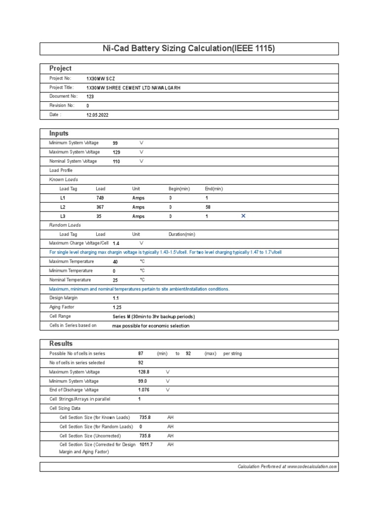 IEEE 1115 Battery Sizing Calculation | PDF | Battery Charger ...