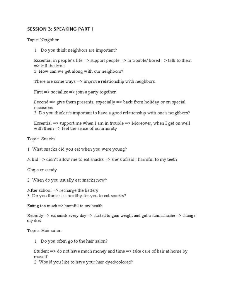 Speaking Part I: Neighbors, Snacks, Ads | PDF | Communication