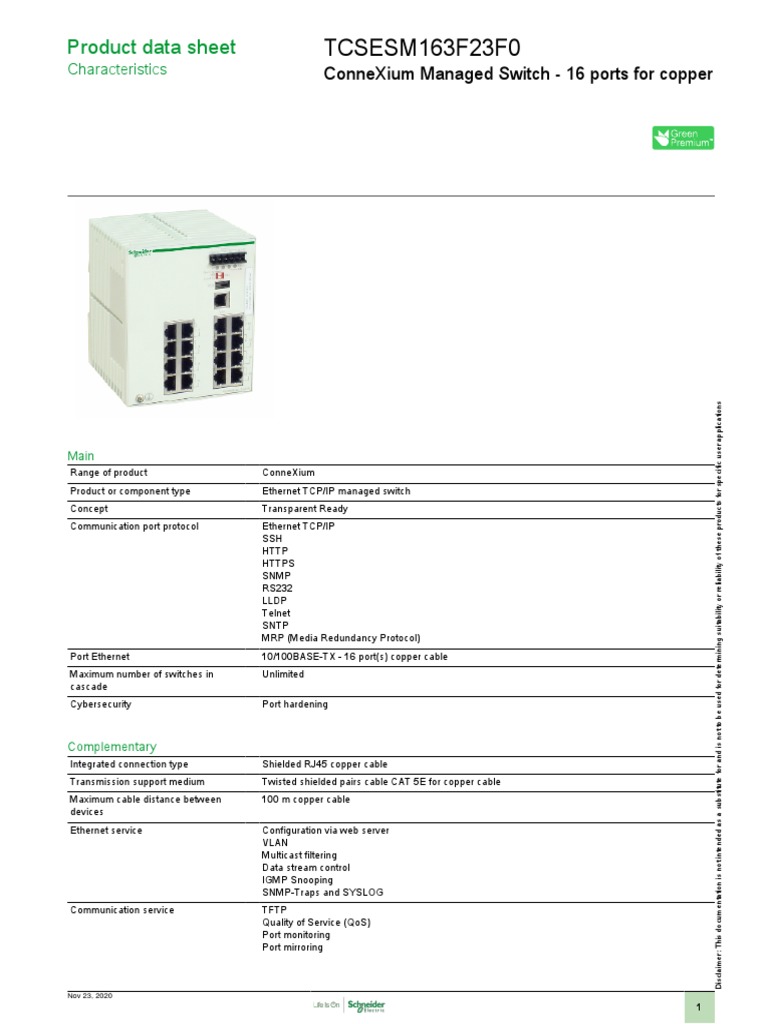 Modicon Switch - TCSESM163F23F0 | PDF | Port (Computer Networking) | Network Switch