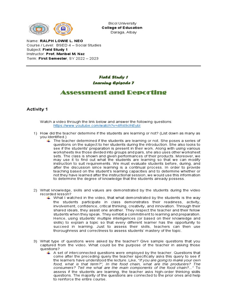 Fs 1 Ep7 Neo Pdf Educational Assessment Learning