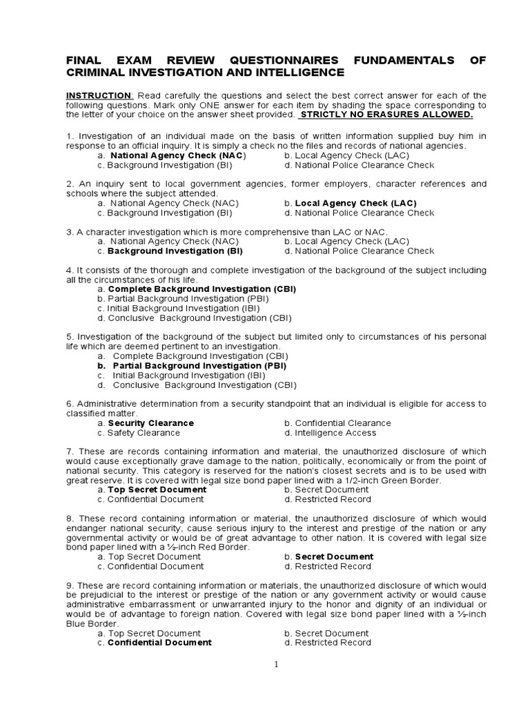 FNAL Review Questionnaires in Fund of Crim Inves and Intelligence | PDF ...