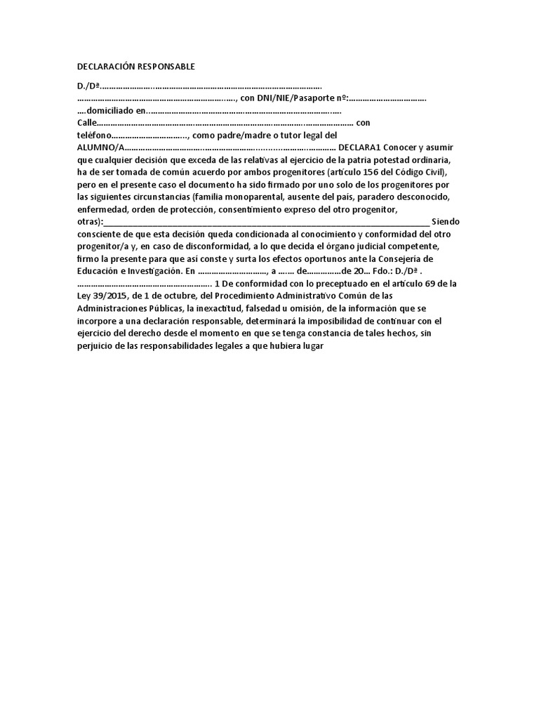 DECLARACIÓN RESPONSABLE Ejemplo | PDF