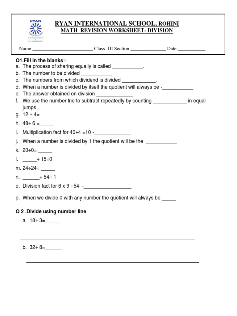 Revision Worksheet - Division | PDF