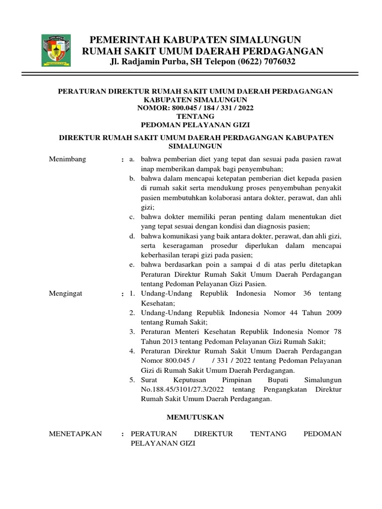 Pap 1 Ep 1 Regulasi Pedoman Pelayanan Gizi | PDF