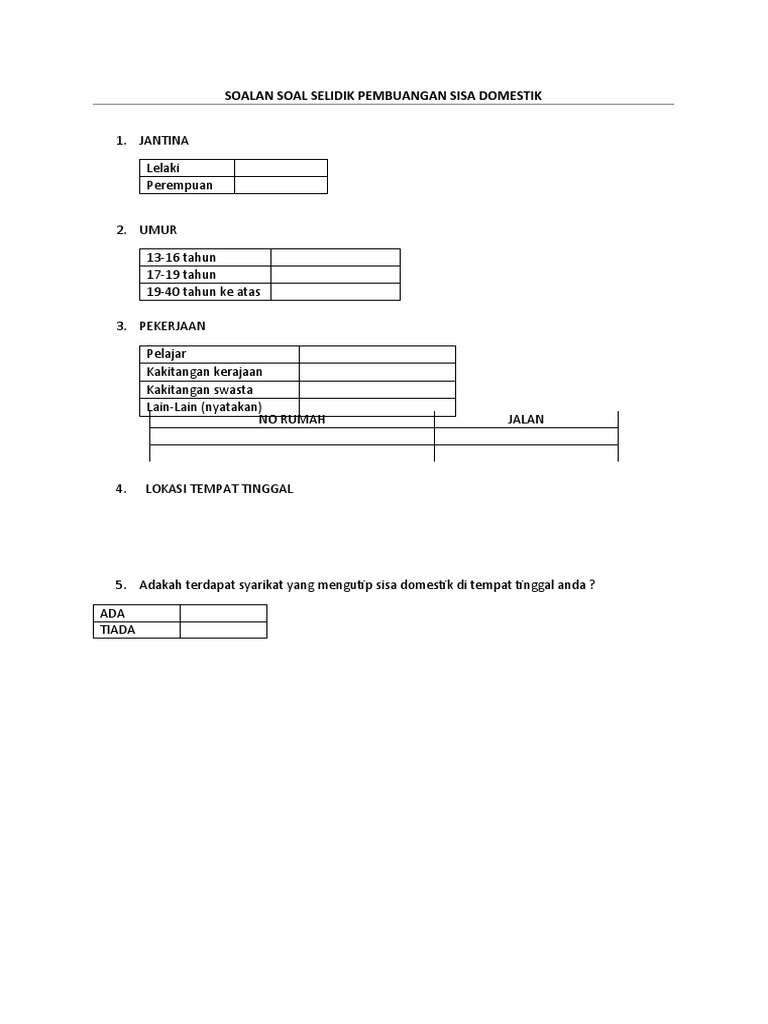 Soalan Soal Selidik Pembuangan Sisa Domestik | PDF