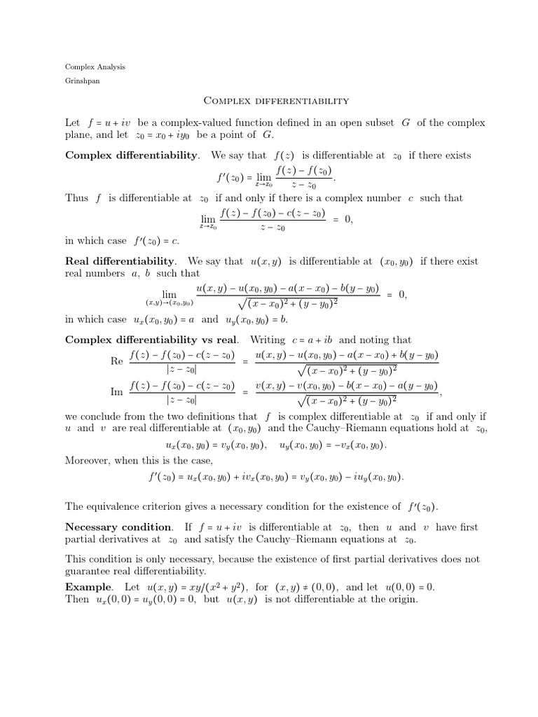 Complex Differentiability Vs Real Differentiability Pdf Holomorphic Function Mathematical