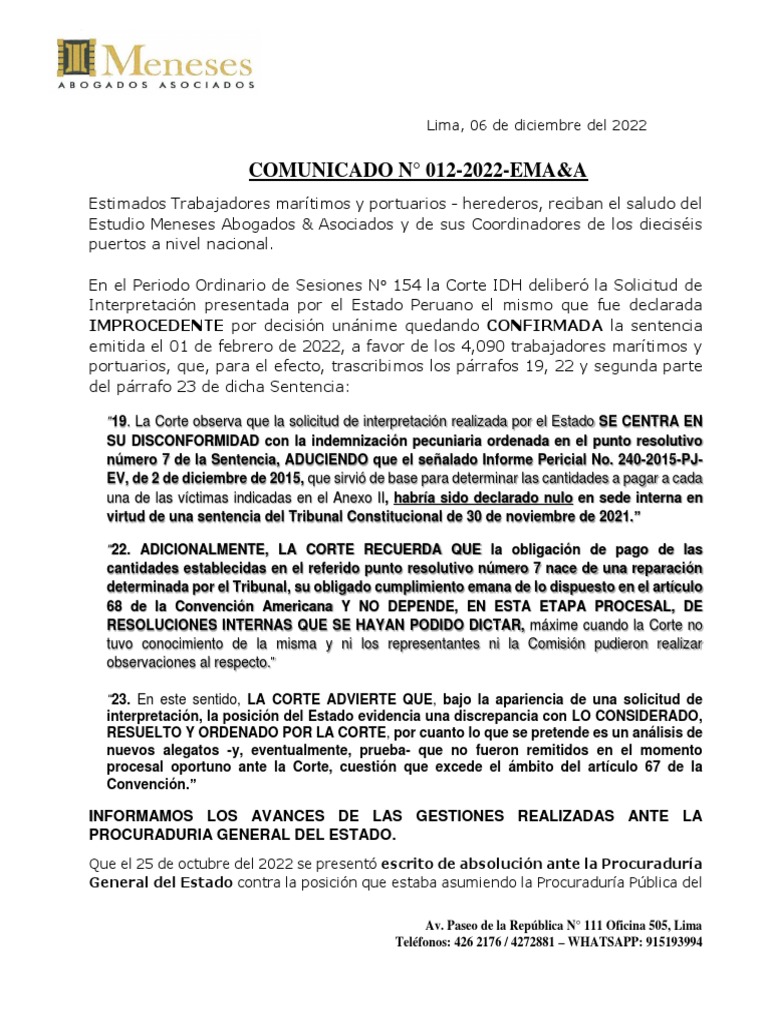 Comunicado 012 2022 Ema&A | PDF | Sentencia (ley) | Convenio europeo de derechos humanos