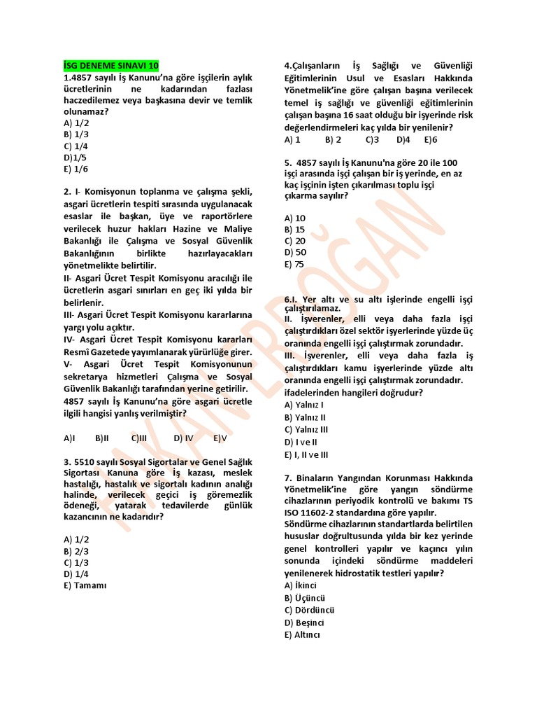 İsg Deneme Sinavi 10 Soru Ve Cevaplari | PDF