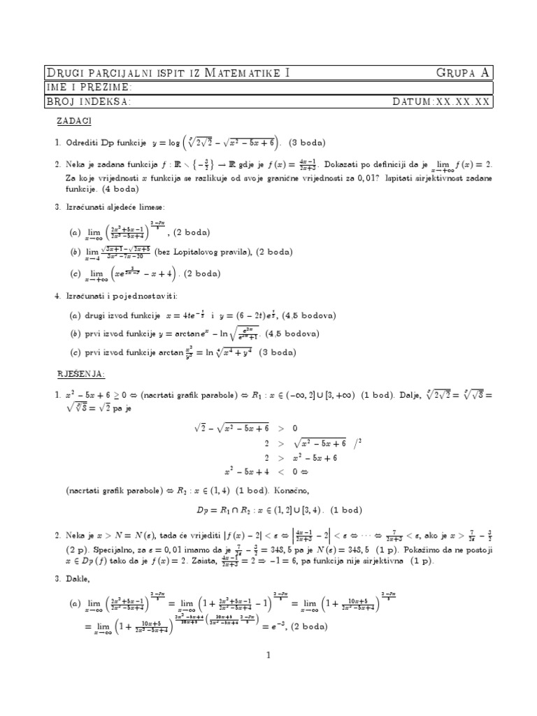 II Parcijalni Ispit Iz Matematike I - Priprema Za Ispit | PDF