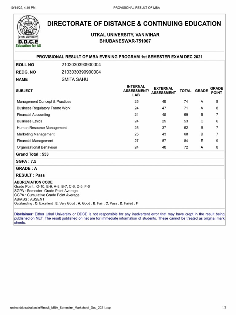 MBA 1st & 2nd Semesters Mark Sheet | PDF