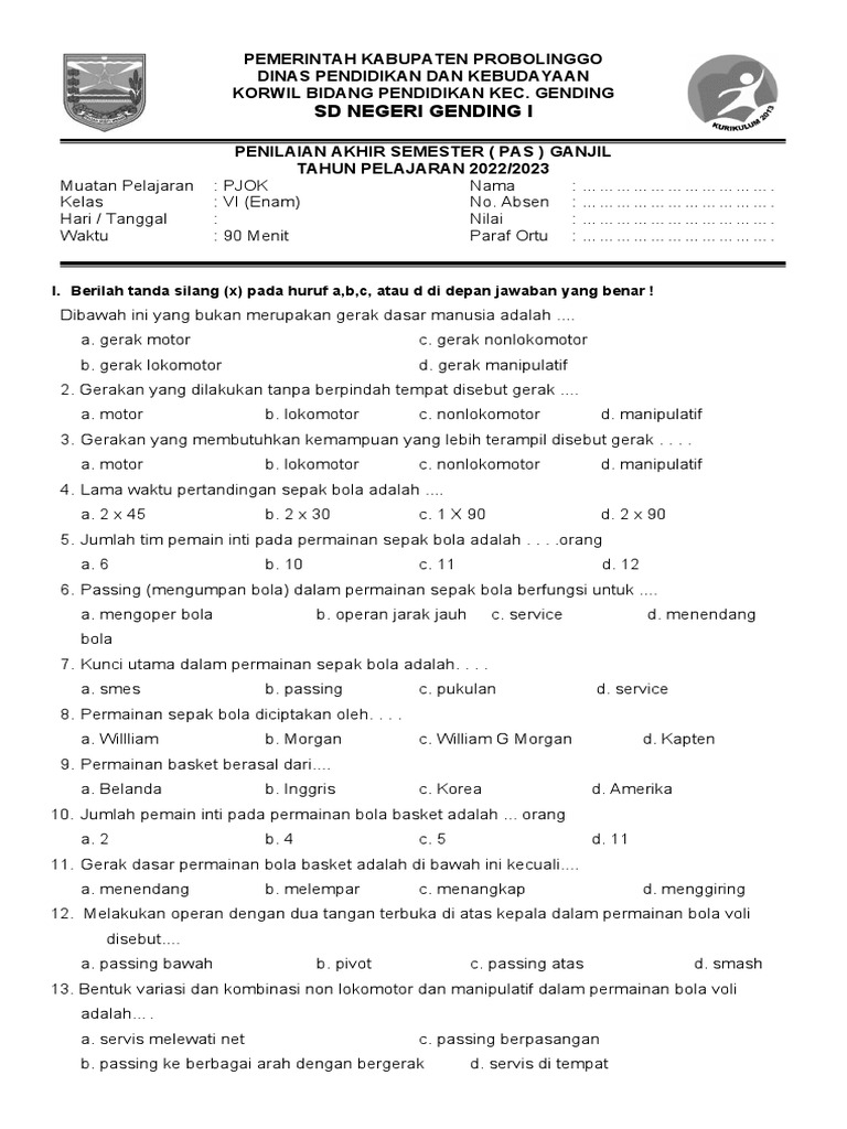 Soal Pas Pjok Kelas 6 22-23 | PDF