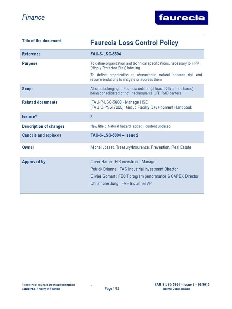 Faurecia Loss Control Policy Guide | PDF | Fire Safety | Fire Sprinkler ...