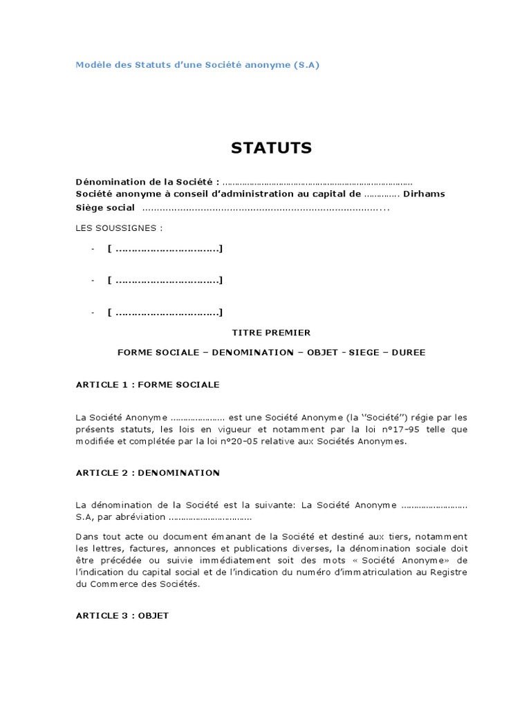 Exemple Statuts D'une SA | PDF | Action (Finance) | Actionnaire