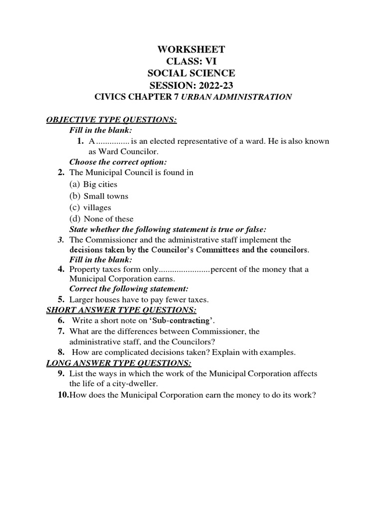Class VI Civics Ch.7 WORKSHEET | PDF | Taxes | Councillor