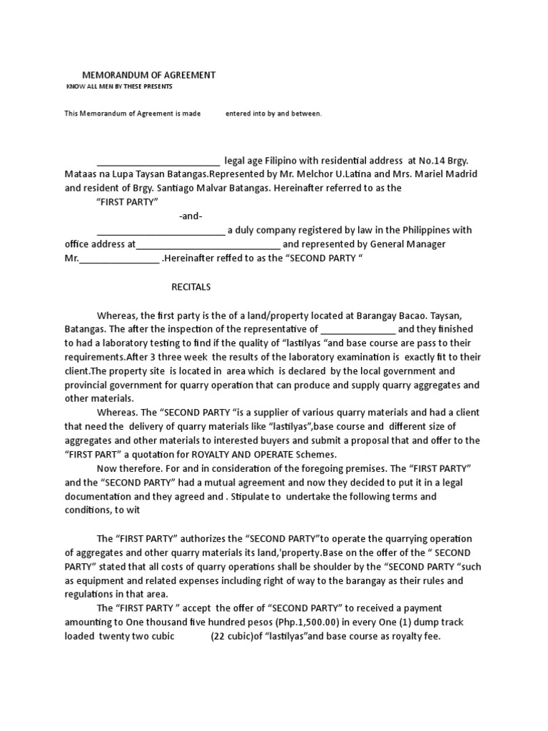 This Memorandum of Agreement Is Made Entered Into by and Between | PDF | Royalty Payment | Justice