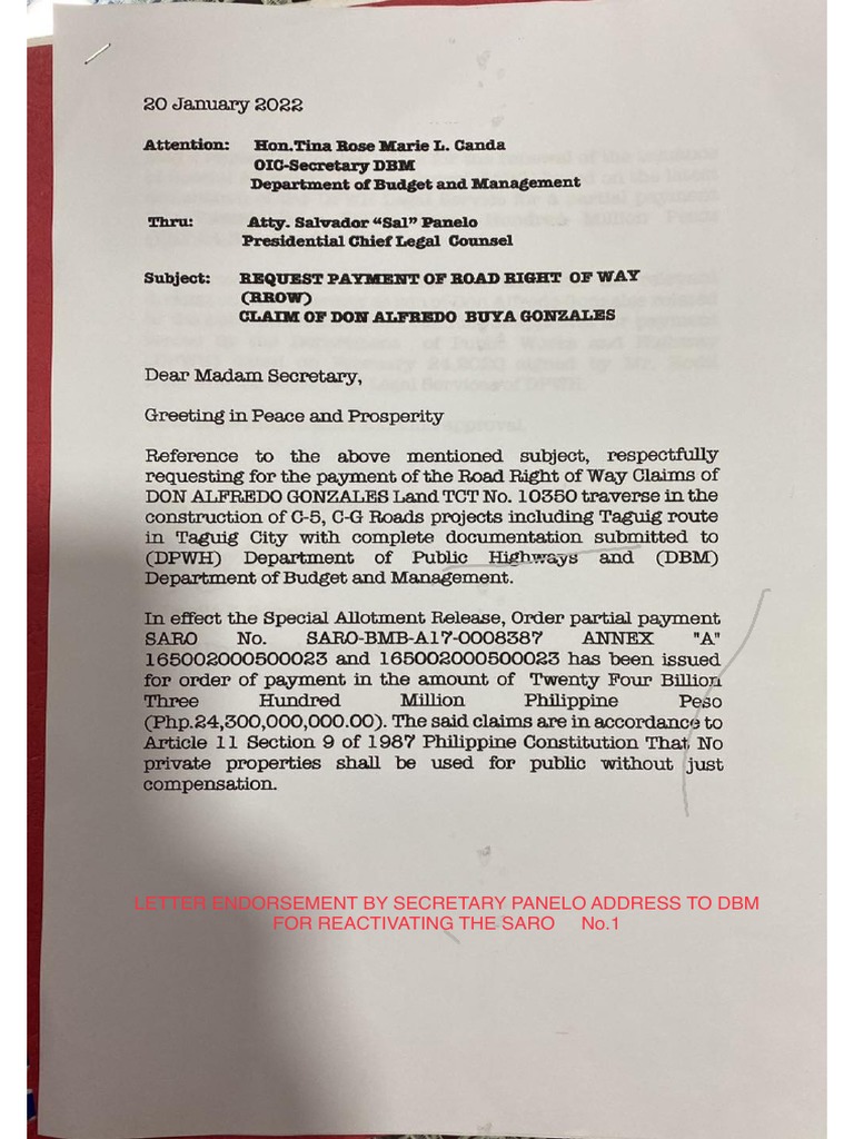 Letter Endorsement by Secretary Panelo Address To DBM For Reactivating ...