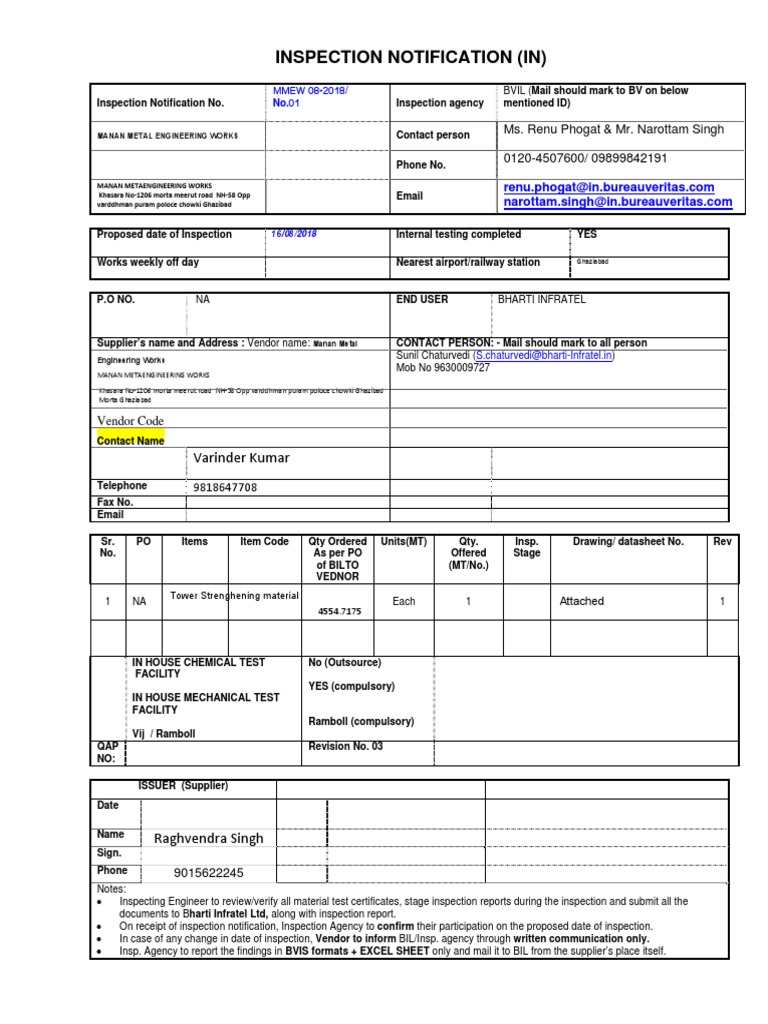 Inspection Notification format-MANAN METAL | PDF | Service Industries ...