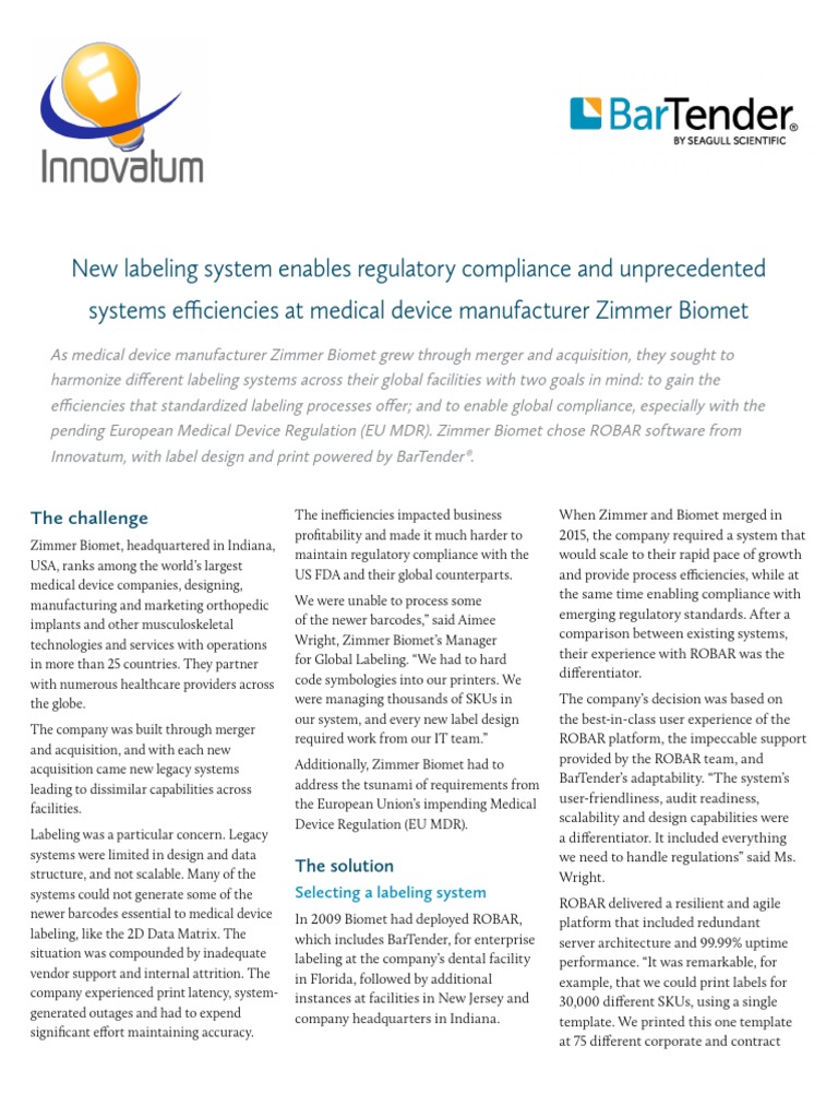 Bartender Robar Case Study Zimmer Biomet | PDF | Medical Device | Barcode
