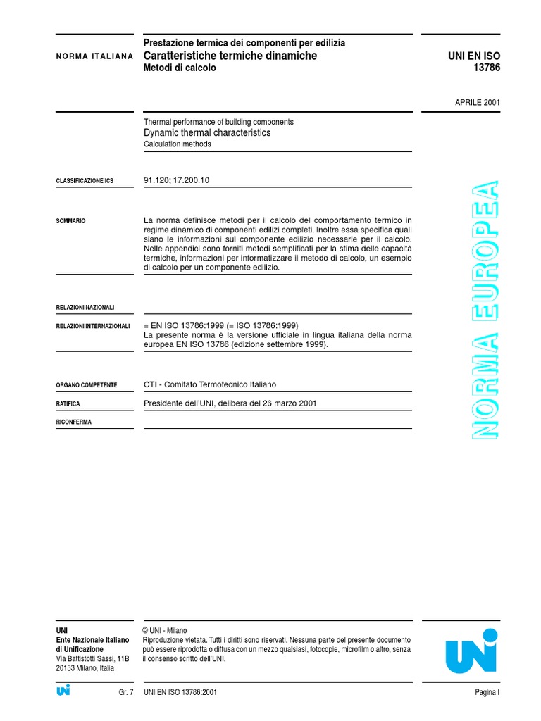 UNI EN ISO 13786 - 2001 - Caratteristiche Termiche Dinamiche | PDF