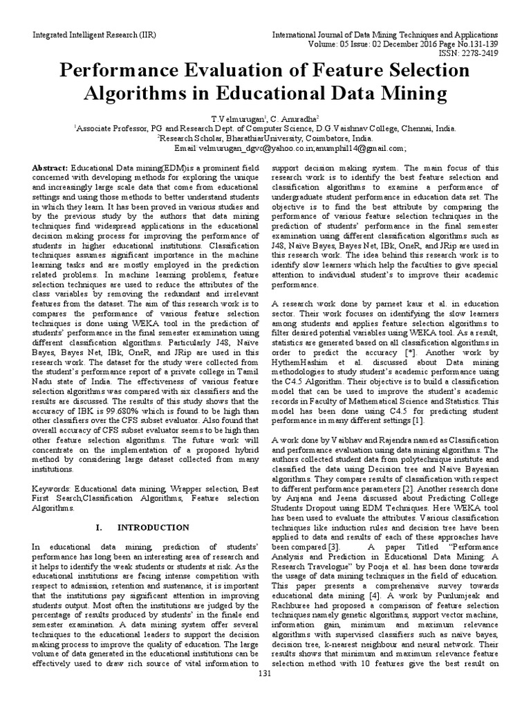 Performance Evaluation Of Feature Selection Algorithms In Educational 8710