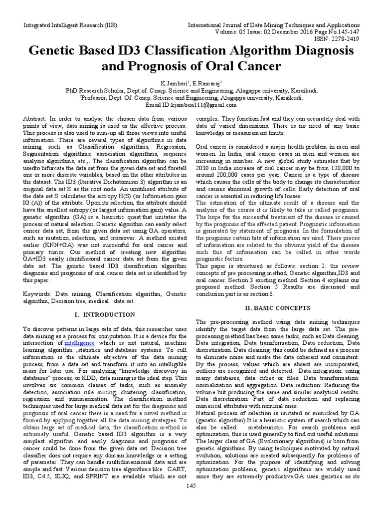 Genetic Based ID3 Classification Algorithm Diagnosis and Prognosis of Oral Cancer | PDF | Data ...