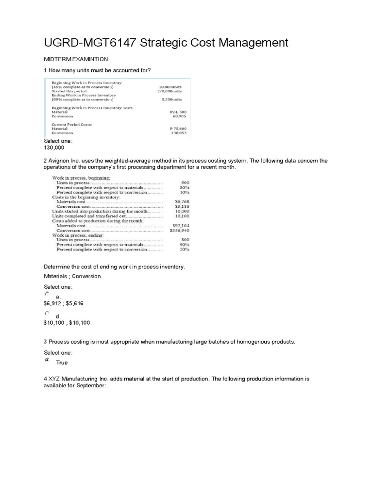 UGRD-MGT6147 Strategic Cost Management Midterm Examination | PDF ...