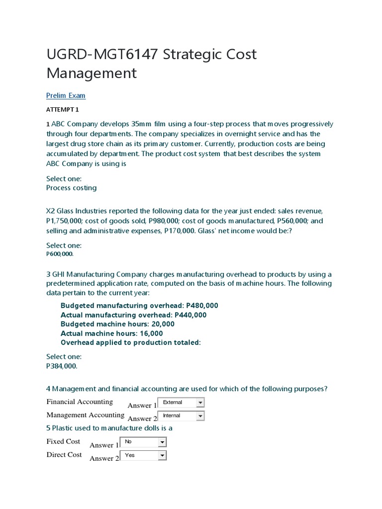 UGRD-MGT6147 Strategic Cost Management Prelim Examination | PDF | Cost ...