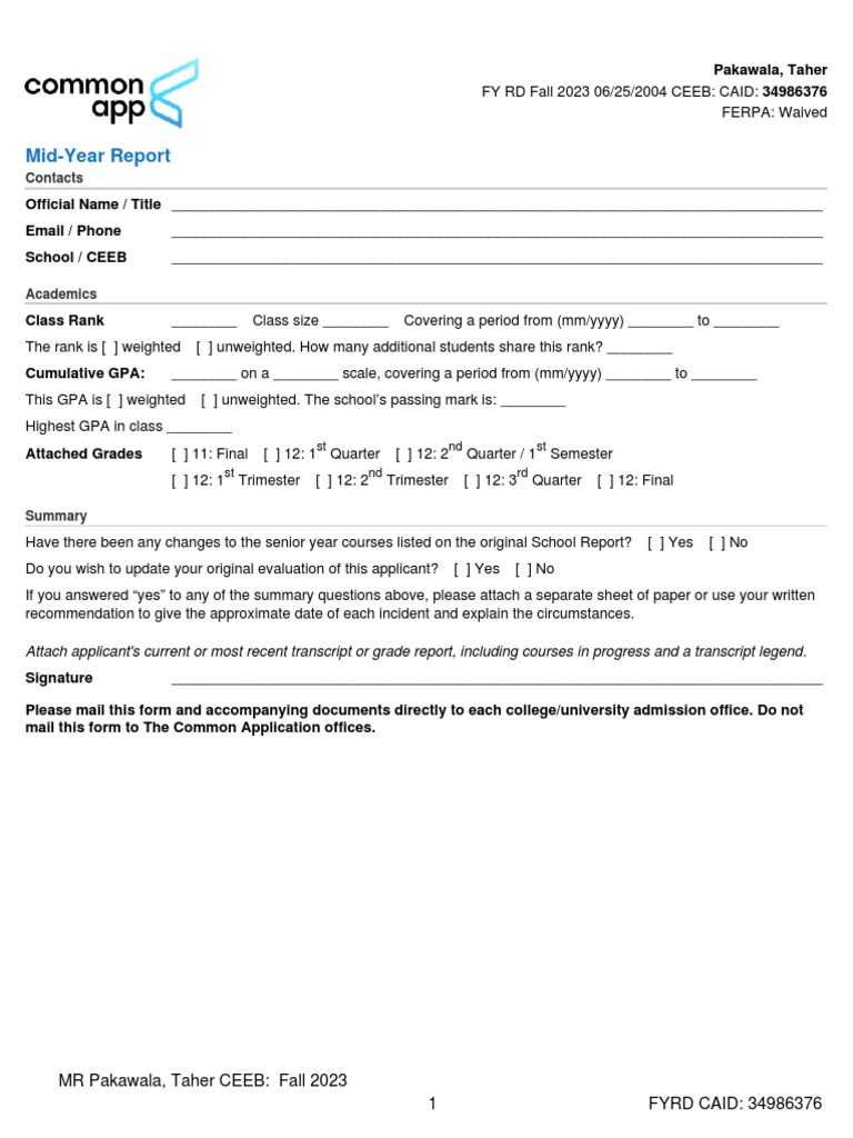 Mid-Year Academic Report for Taher Pakawala | PDF