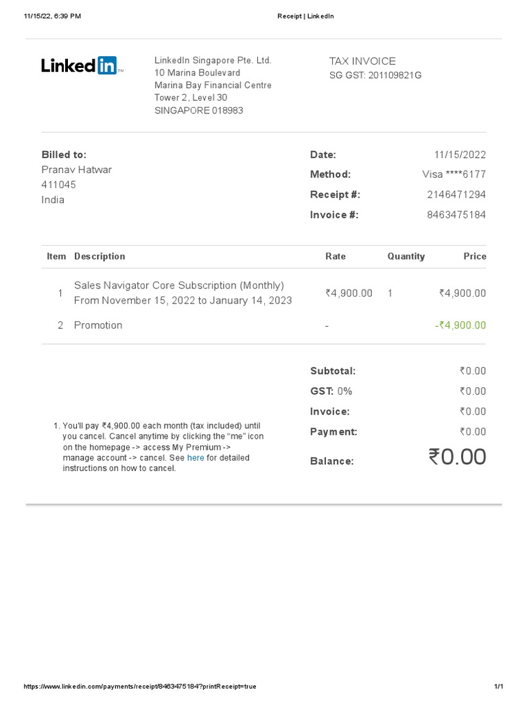 Receipt - LinkedIn | PDF | Receipt | Invoice