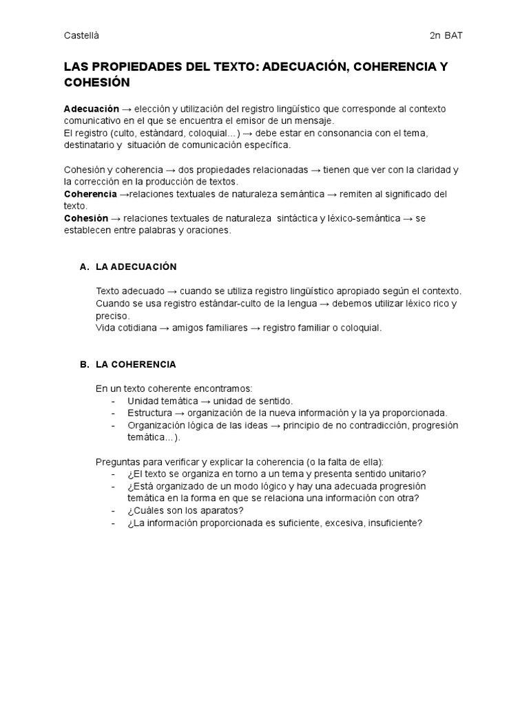 Las Propiedades Del Texto Adecuación, Coherencia y Cohesión | PDF | Palabra | Pronombre
