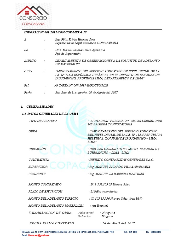 Informe 01 - Solicitud Adelanto Materiales | PDF | Ingeniero civil | Materiales de construcción