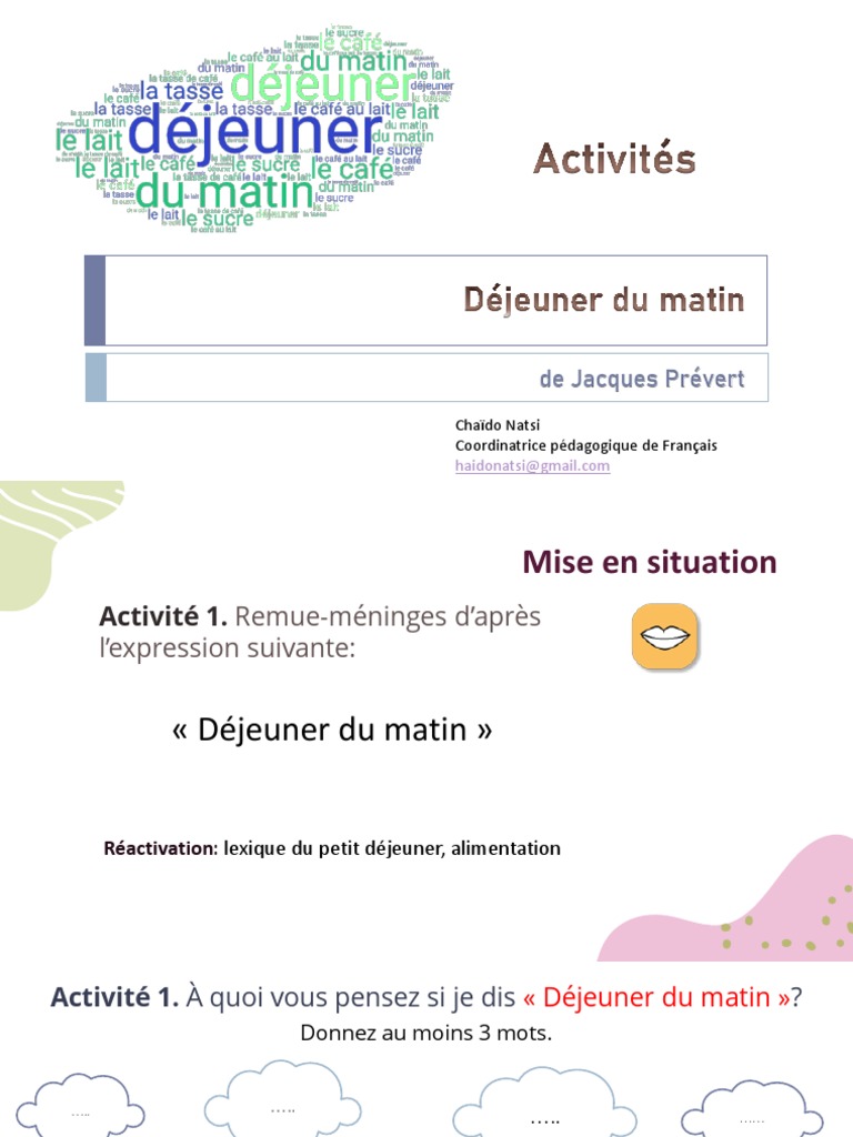 Activités autour du poème "Déjeuner du matin" | PDF | Nourriture et boisson