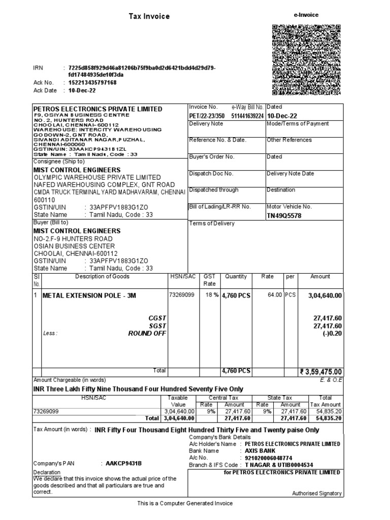 Metal Extension Pole Tax Invoice and E-Way Bill | PDF | Economies | Taxes