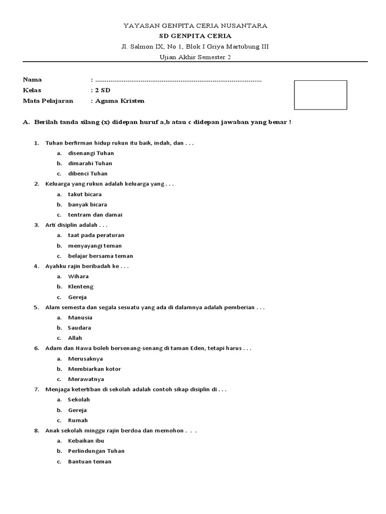 Soal Ujian Agama Kristen Kelas 2 SD | PDF