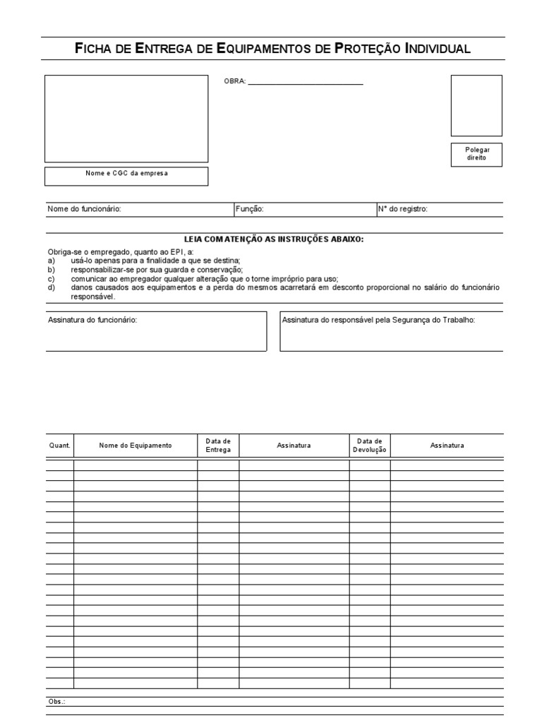 Check List - Ficha de Entrega de EPI S | PDF