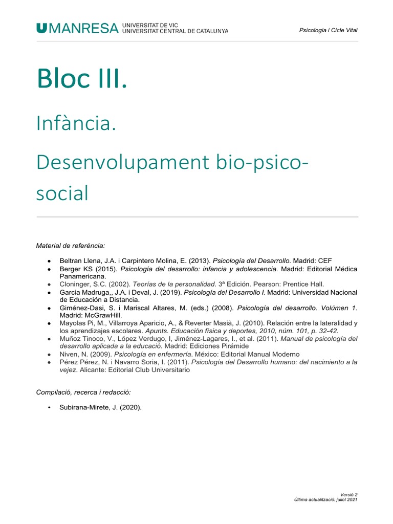 V3. Bloc III - Desenvolupament Infantil | PDF