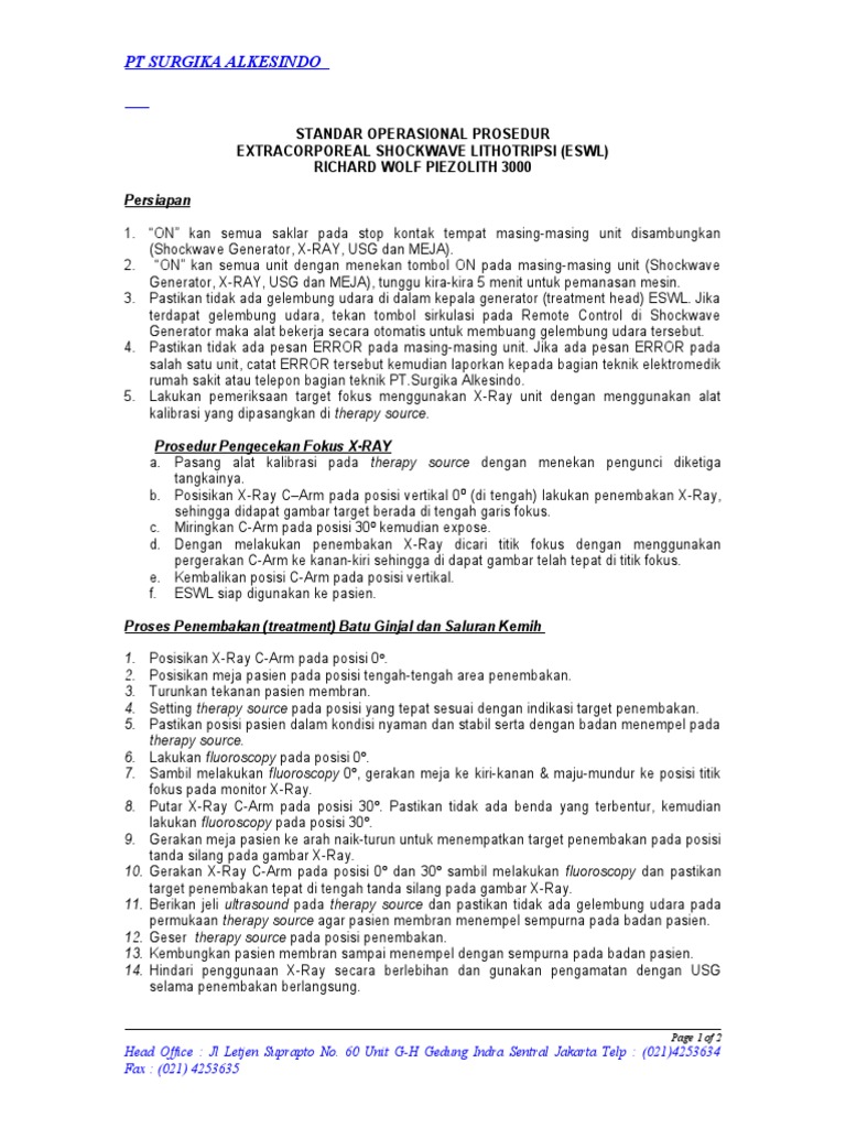 Prosedur Operasional Ekstrakorporal Shockwave Litotripsi (ESWL) | PDF