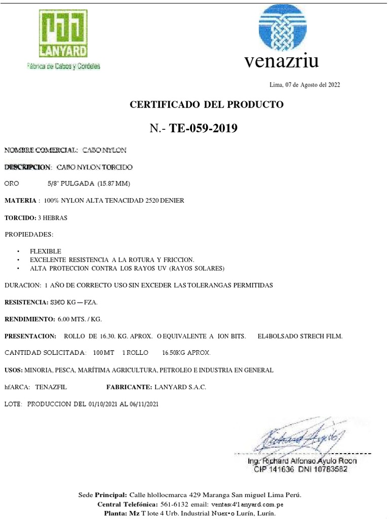 Certificado Producto | PDF