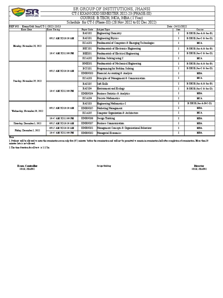 CT-I Exam Schedule Odd Semester 2022-23 (Phase-III) | PDF | Engineering | Master Of Business ...